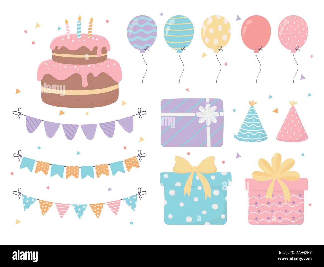 birthday cake hats gift boxes balloons pennants confetti celebration ...