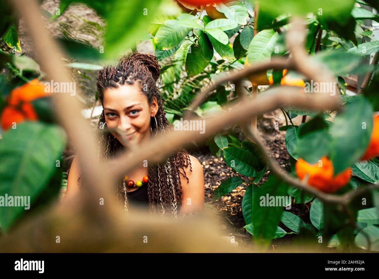 pretty islam woman in orange grove smiling, real muslim girl cheerful ...