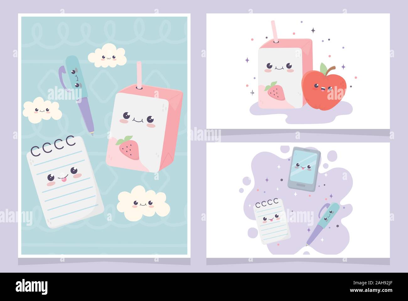 kawaii school book apple smartphone pen notepad cartoon vector ...
