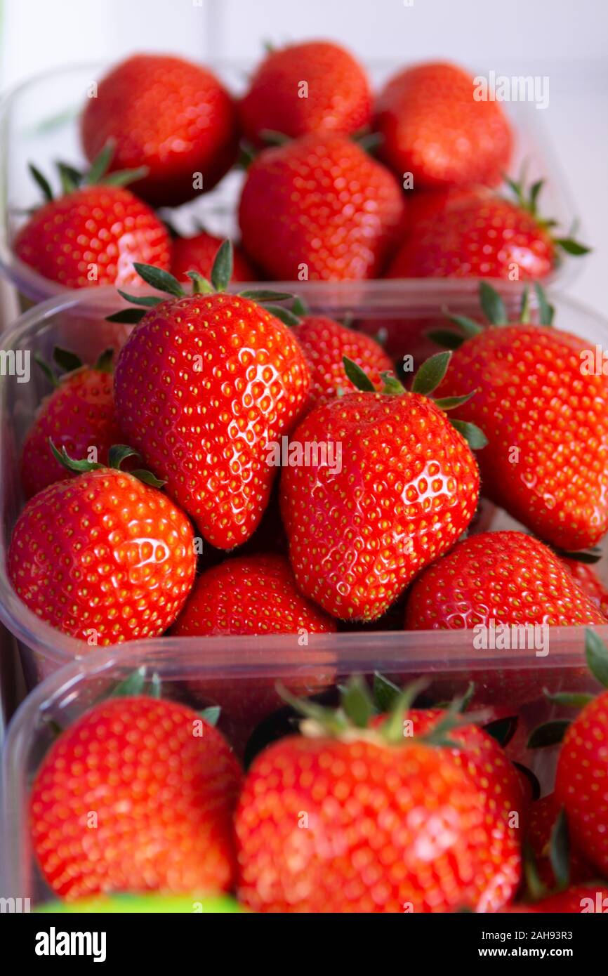 Fresh red ripe high quality strawberry in boxes on market Stock Photo ...