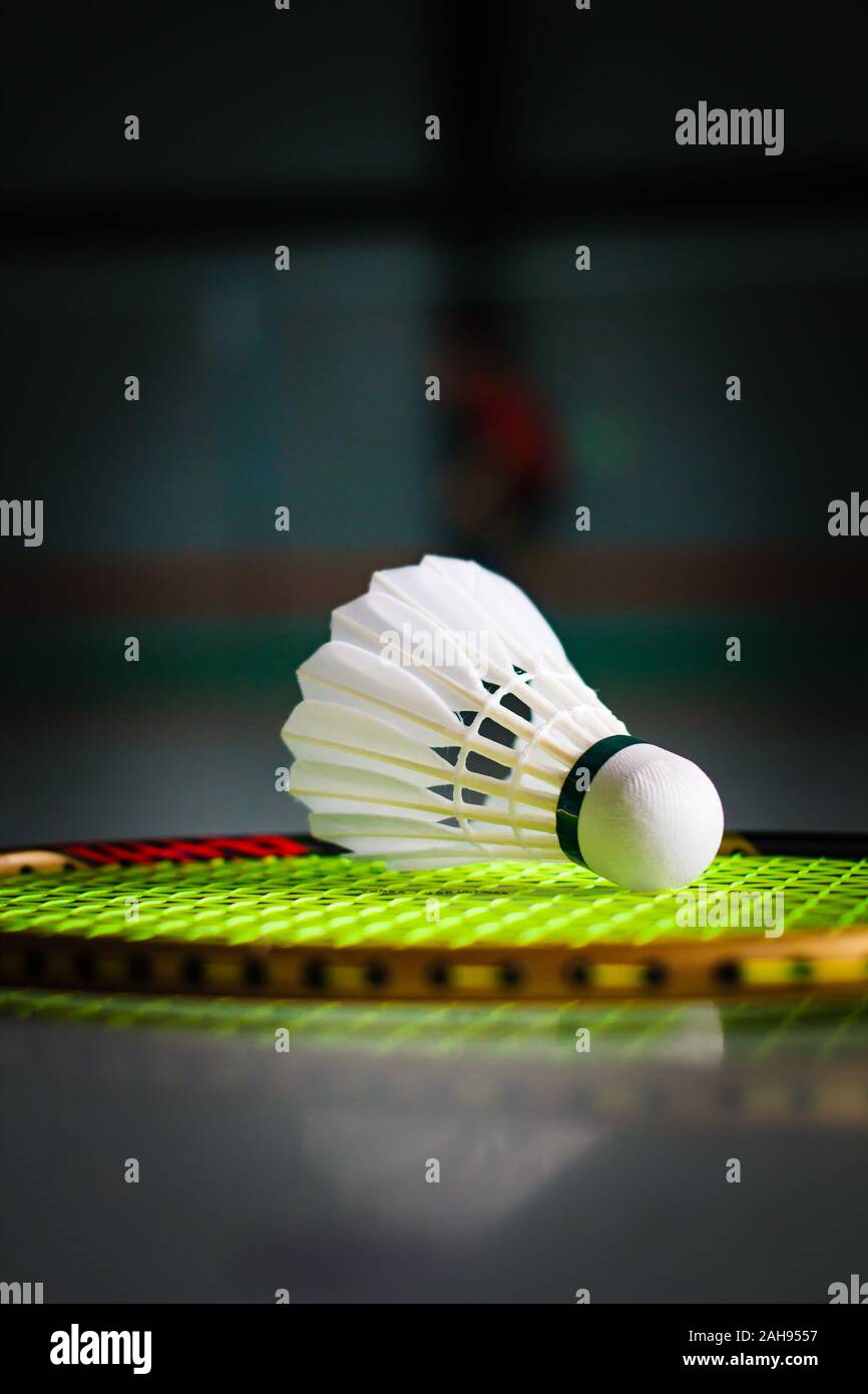 Shuttlecocks and badminton racket on court background Stock Photo - Alamy