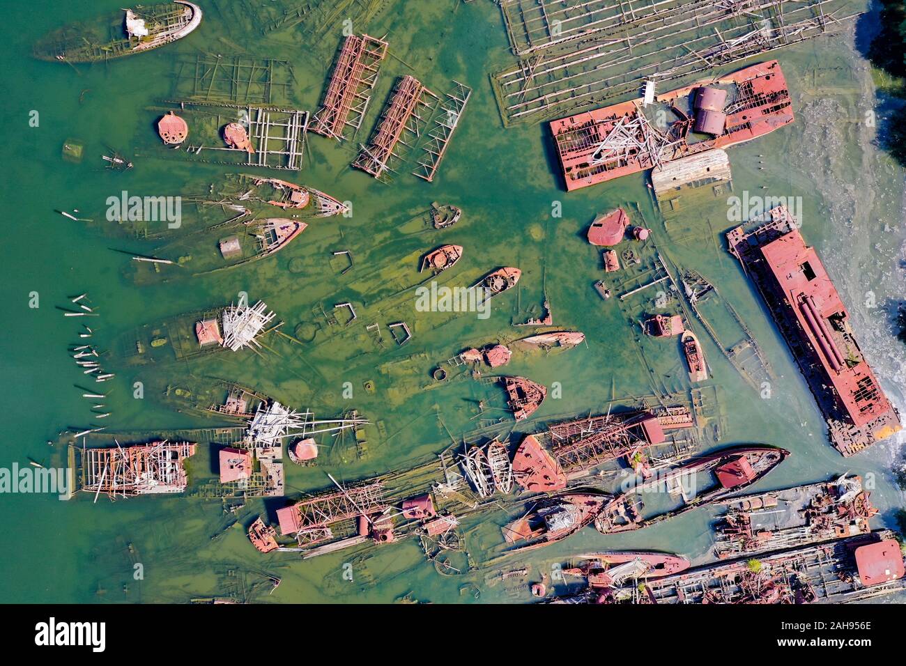 An aerial view from above of abandoned ships at Arthur Kill Boat ...