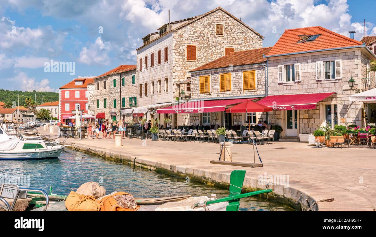 Stari Grad, Croatia - May 30, 2016. Showing the waterfront bars and ...