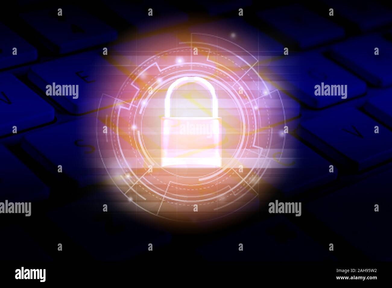 Data security systems computer with locked padlock on dark keyboard for ...