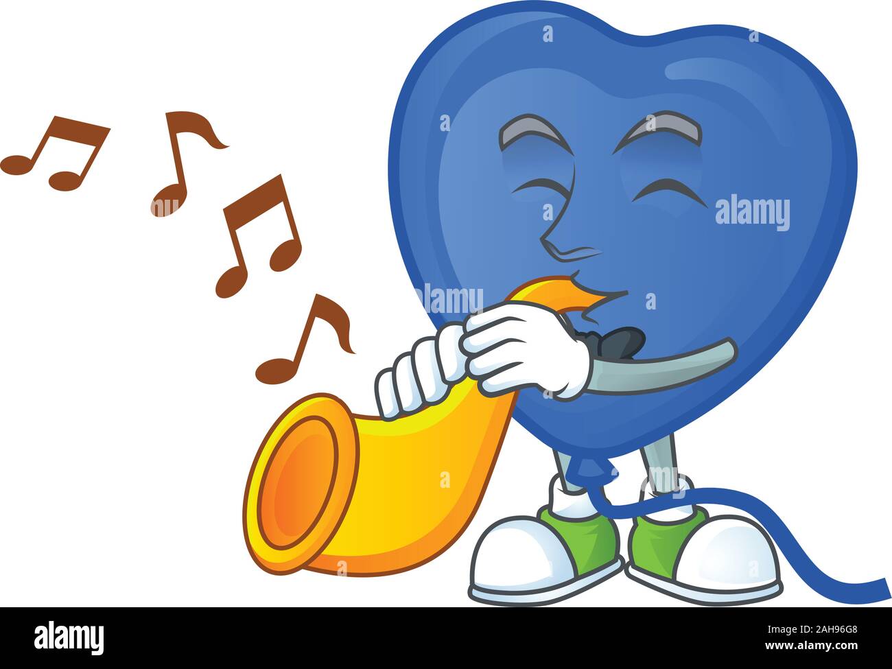 Cheerful blue love balloon cartoon character performance with trumpet ...