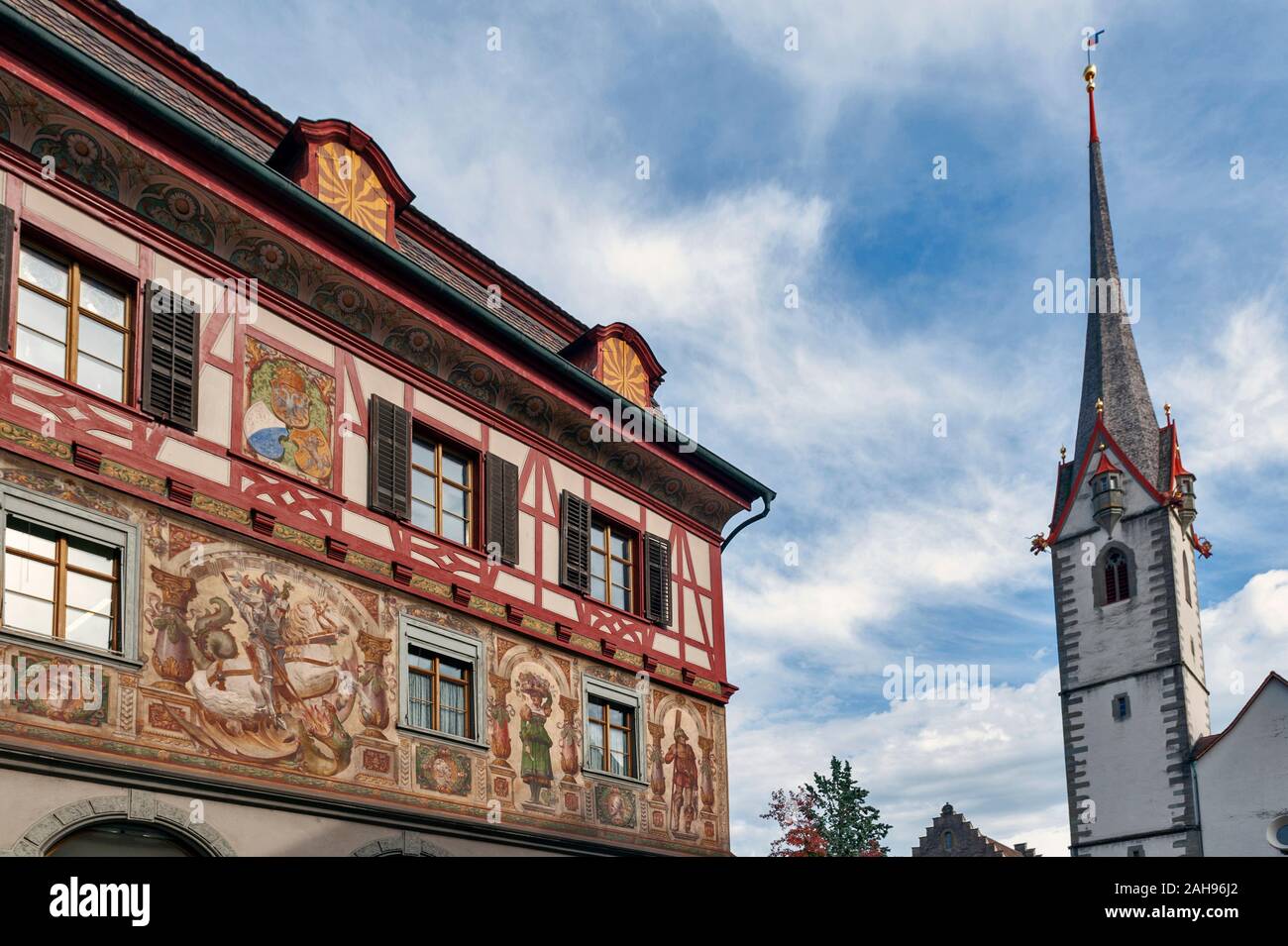 Exterior of historic buildings at Rathausplatz, a town square in old ...