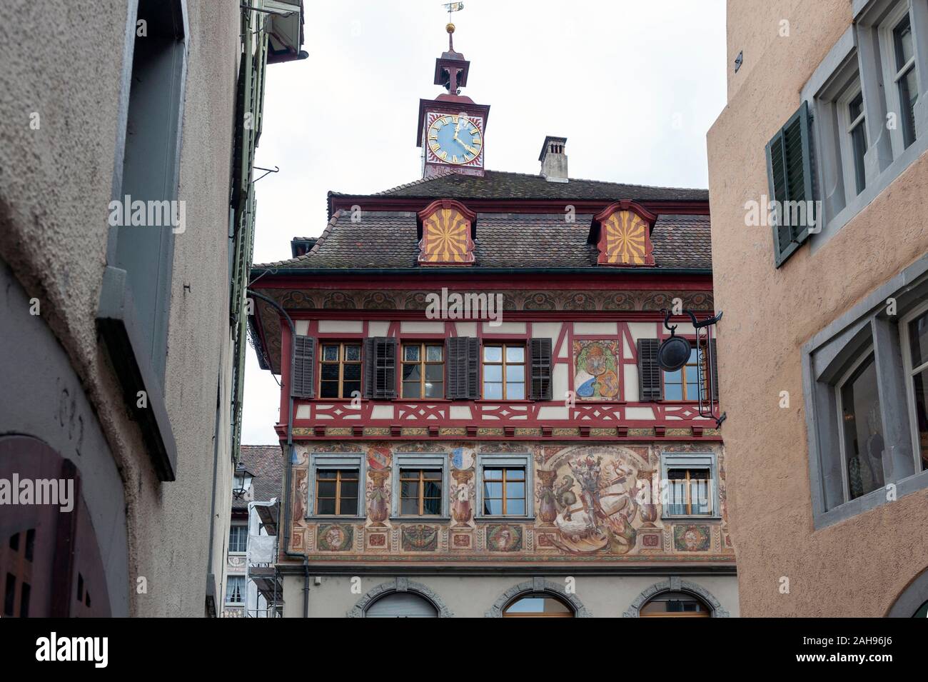 Exterior of historic buildings at Rathausplatz, a town square in old ...