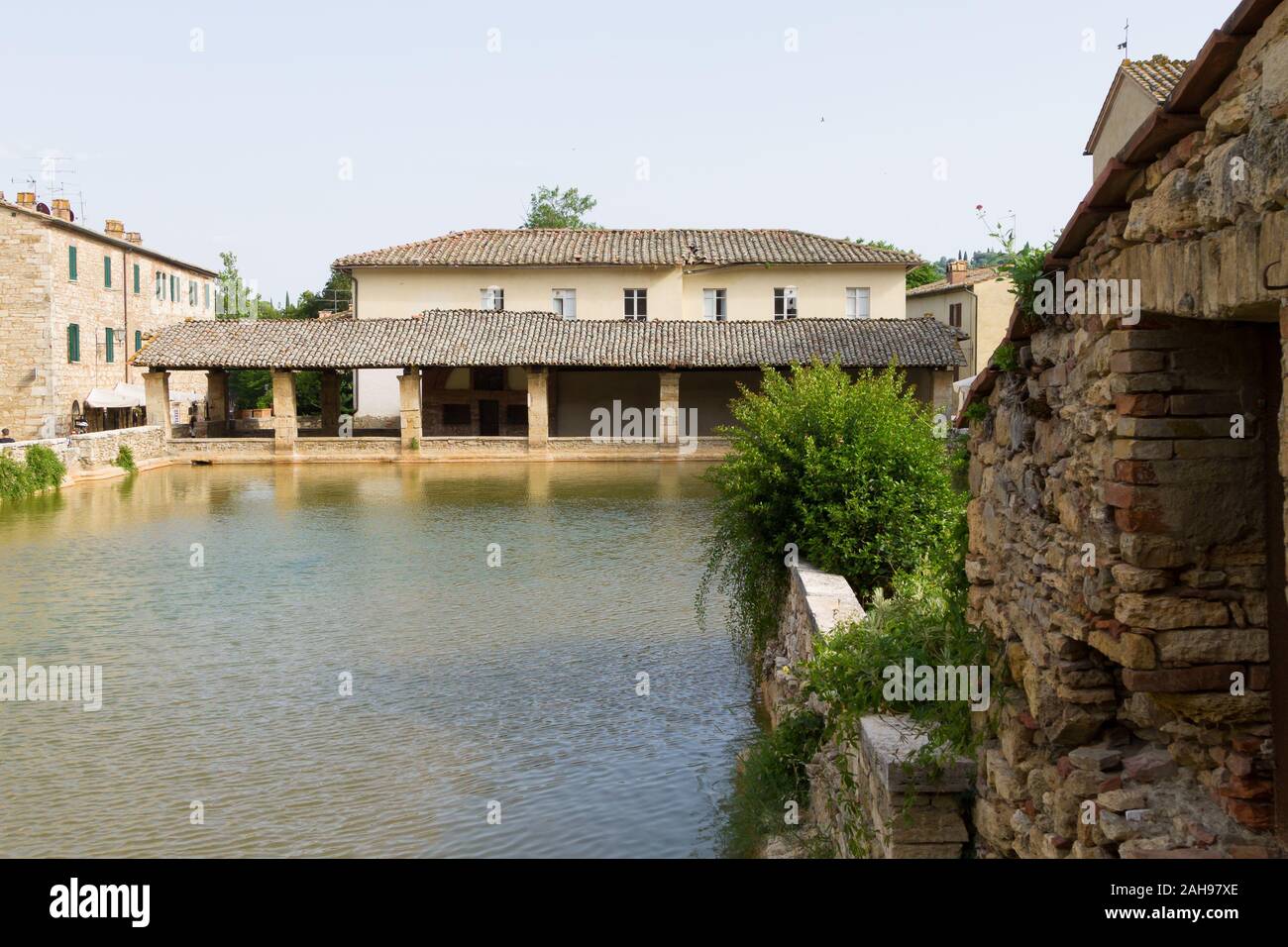 Bagno Vignoni main square view, Tuscany, Italy. Baths of St Catherine ...