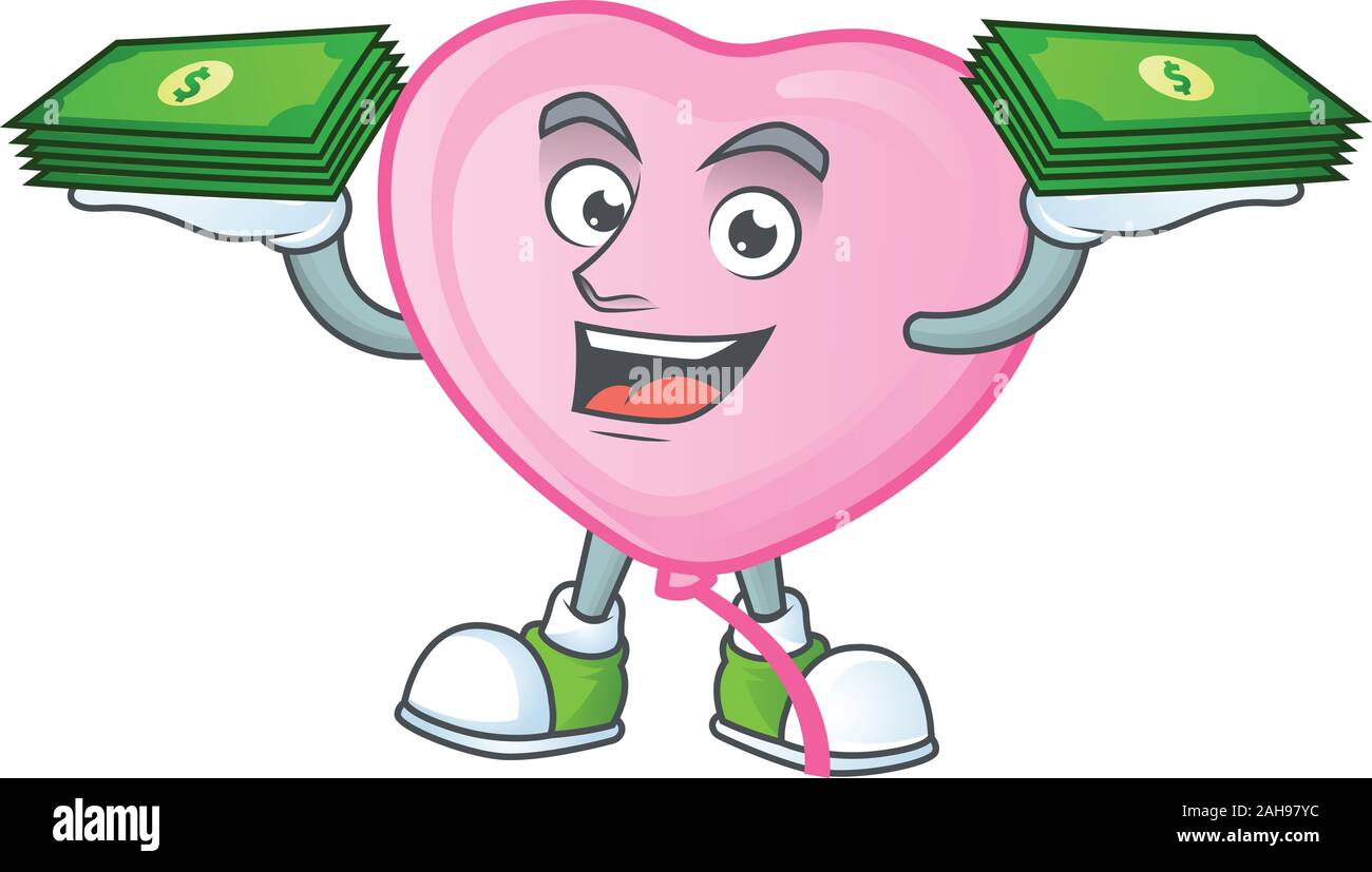 Happy face pink love balloon character with money on hand Stock Vector ...