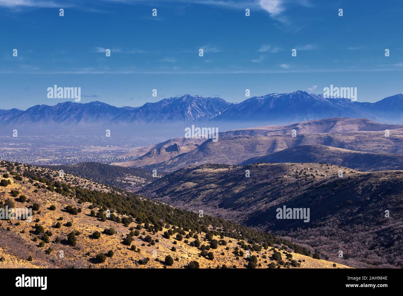 Views of Wasatch Front Rocky Mountains from the Oquirrh Mountains with ...