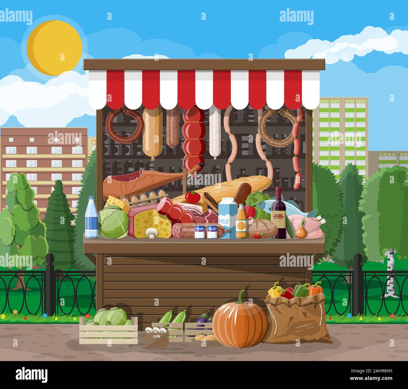 Traditional market wooden food stall full of food Stock Vector Image ...