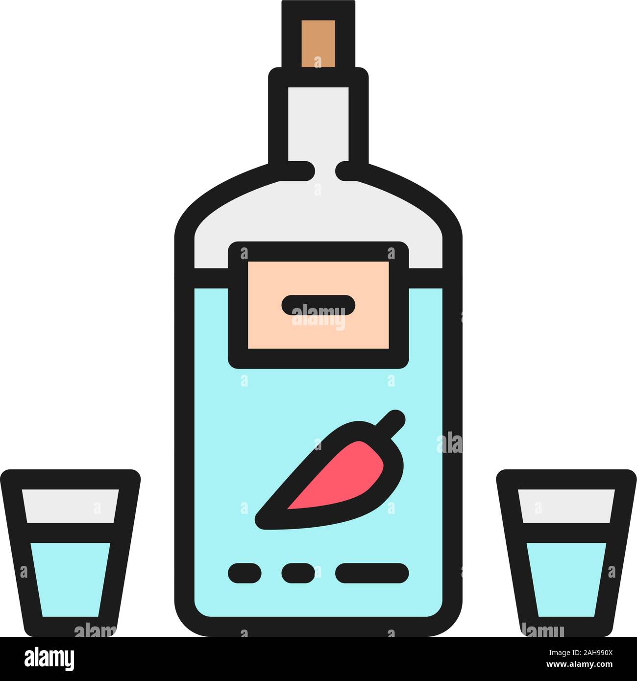 Vodka with pepper, ukrainian national alcohol flat color line icon ...