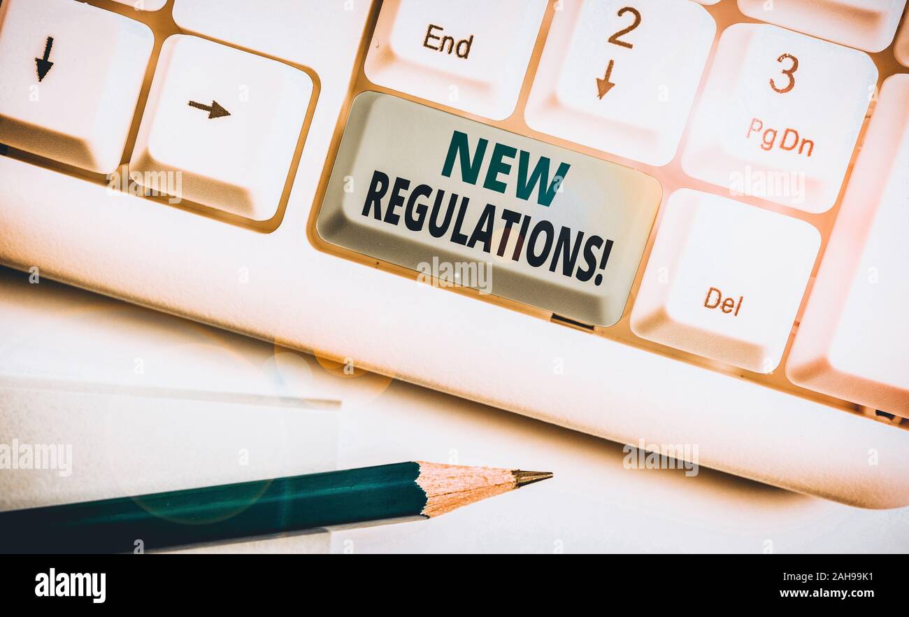 Writing note showing New Regulations. Business concept for rules made ...