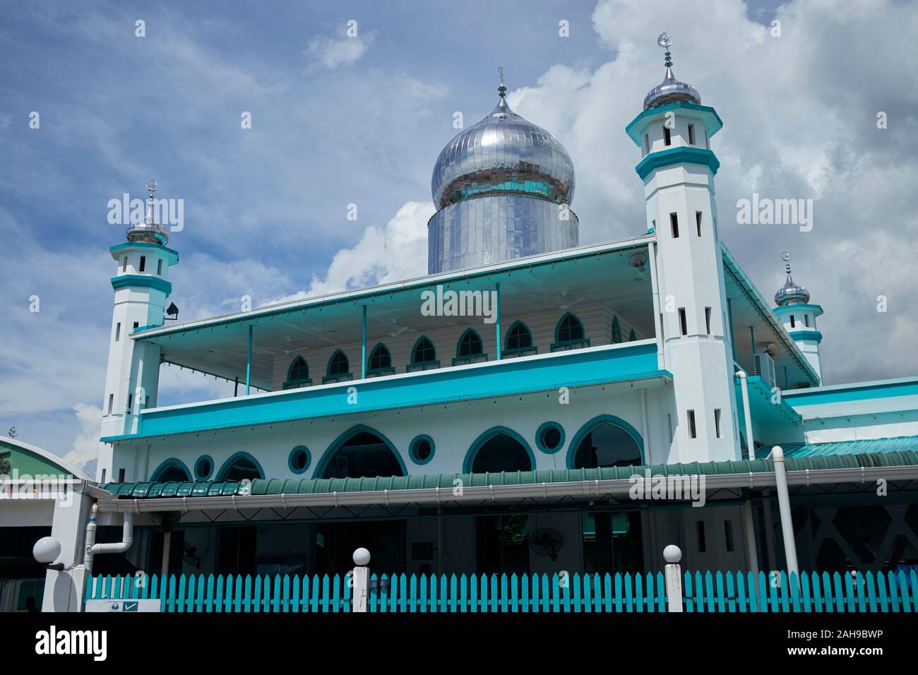 Exterior view of the old Bandar Mosque, with mirrored domes. In Tawau ...