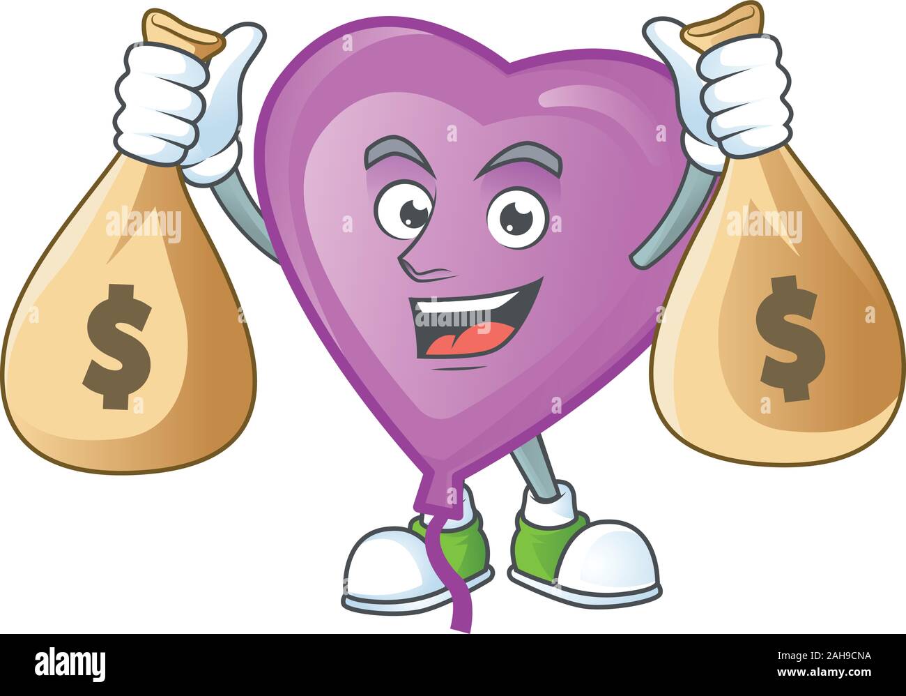 Happy purple love balloon cartoon character with two money bags Stock ...
