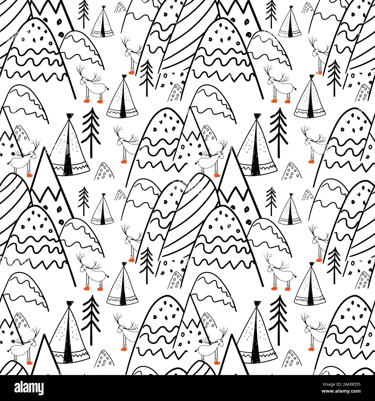 Northern forest. Illustration in folk style. Stylized mountains ...
