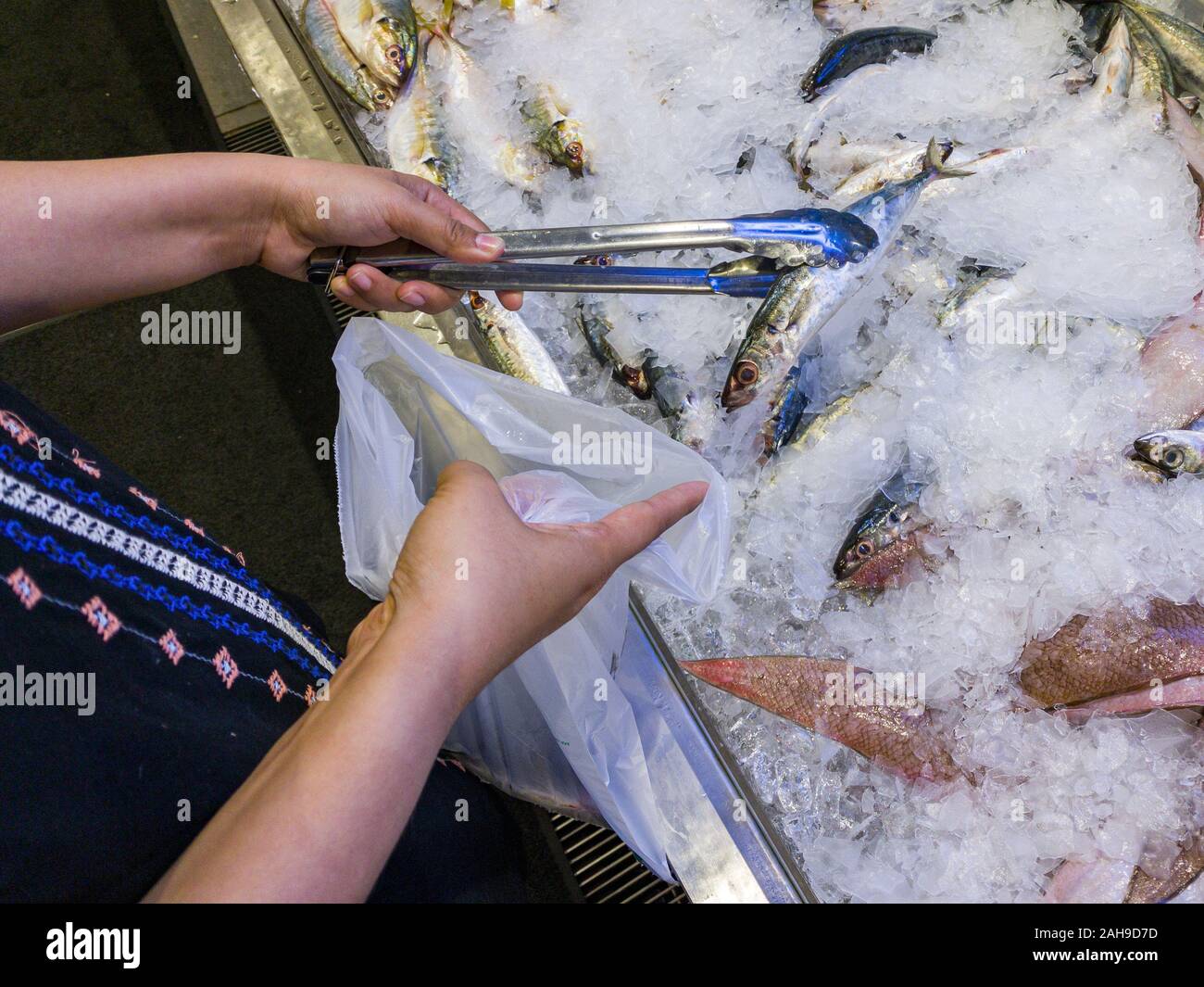 Close up photo of woman buying fresh fish Stock Photo - Alamy