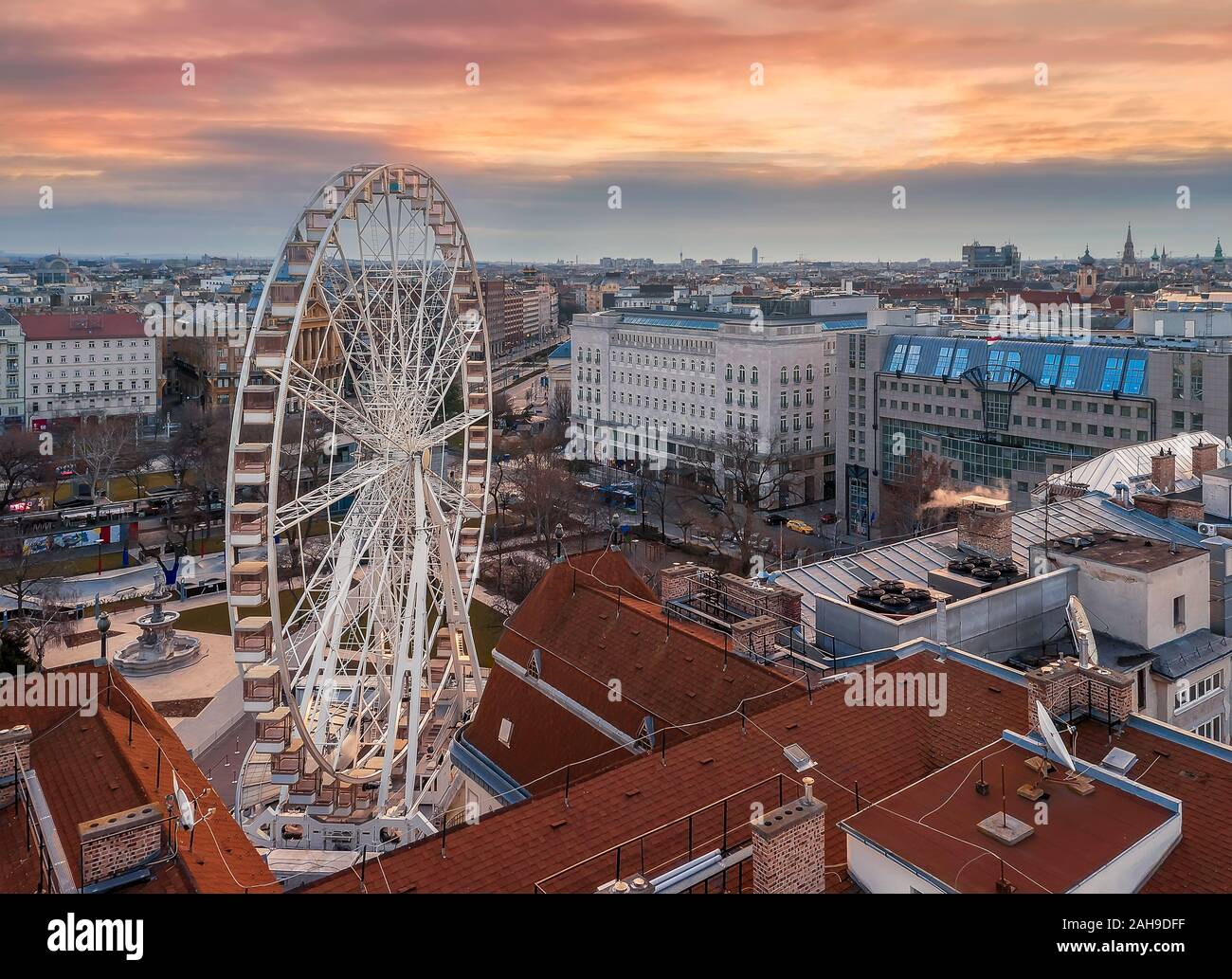 Ferris wheel In Hungary Budapest. Erzsebet square, Budapest Eye Stock ...