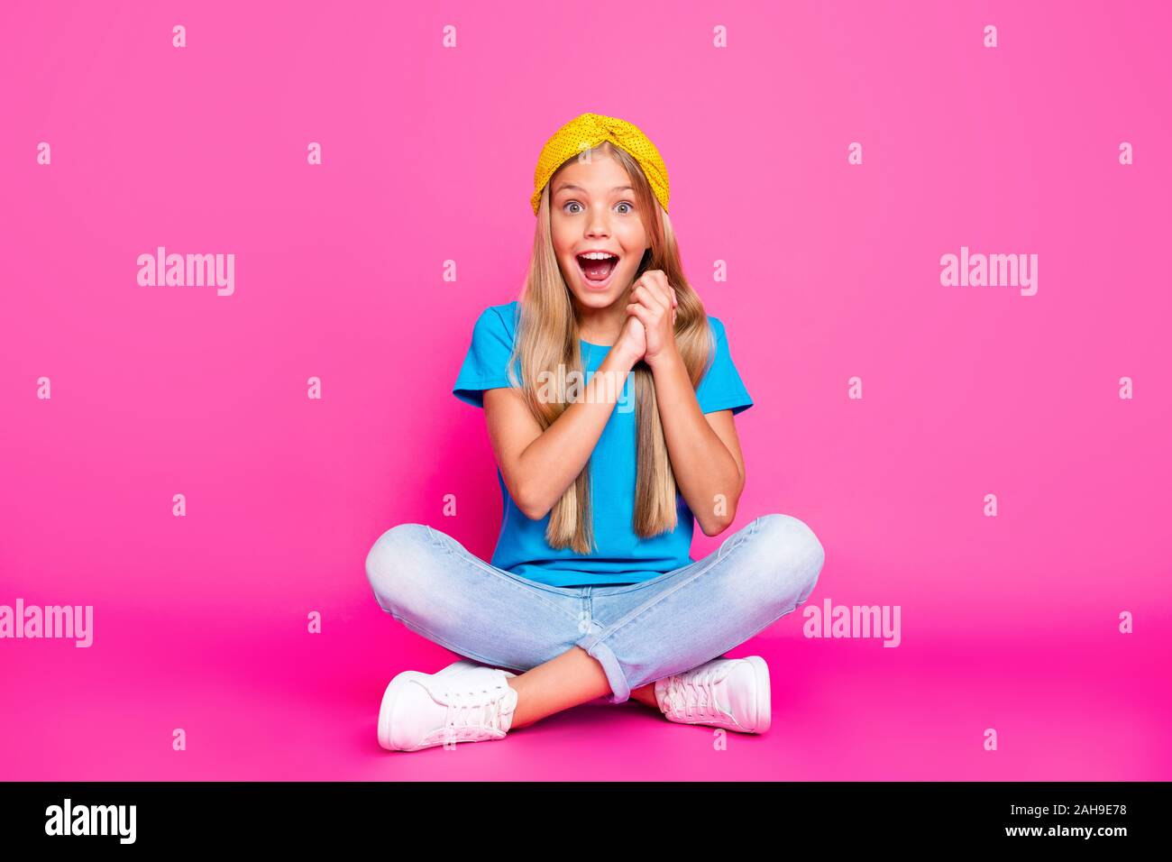 Full body photo of amazed excited funny funky kid wait for desirable ...