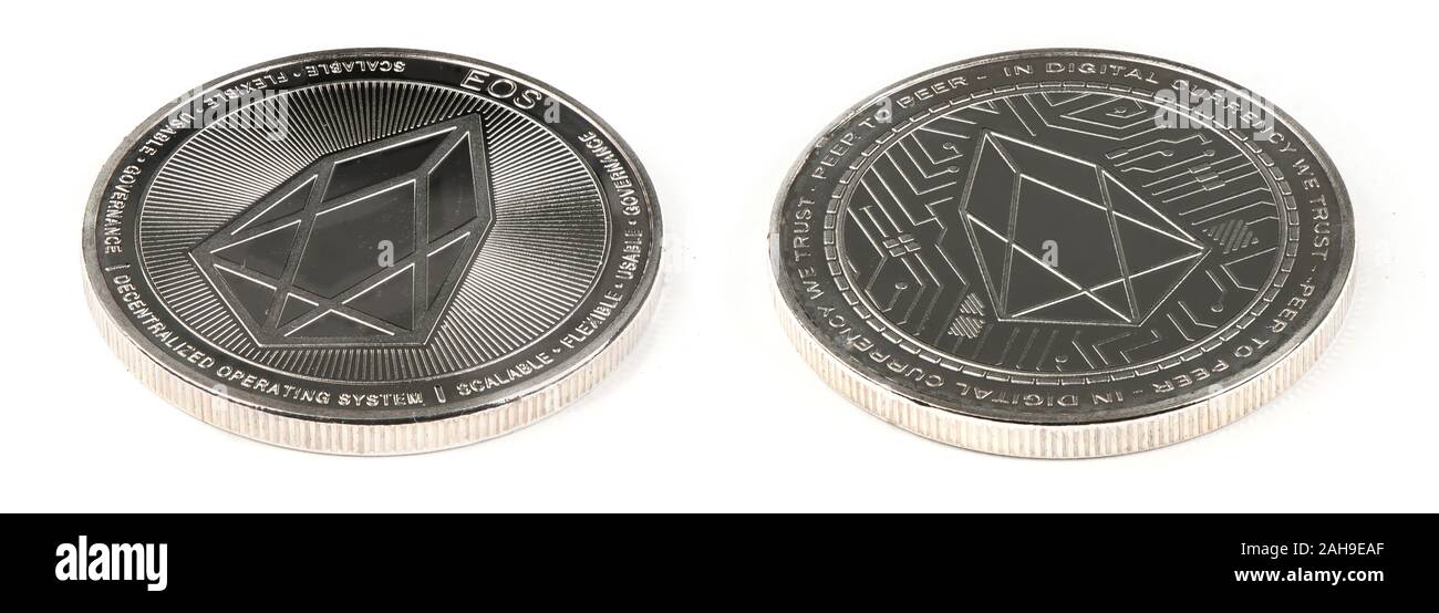 Face and back side of the crypto currency, silver EOS isolated on white ...