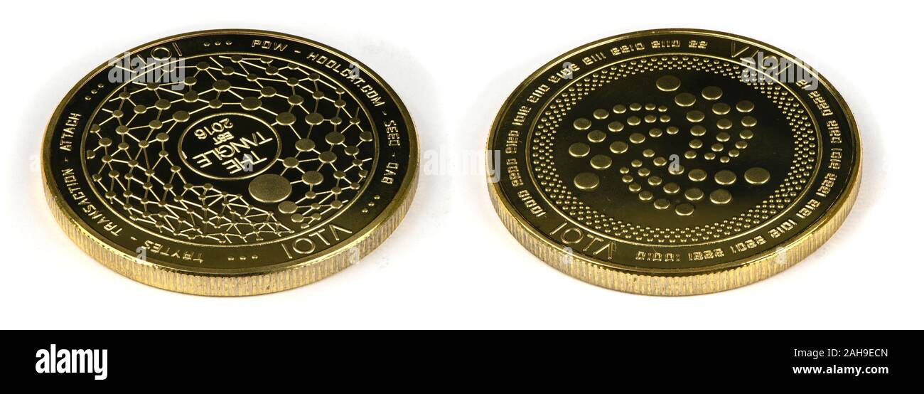 Face and back side of the crypto currency golden iota isolated on white ...