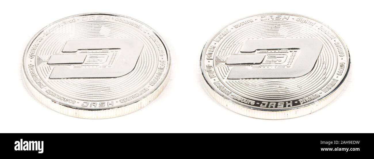 Face and back side of the crypto currency silver dash isolated on white ...