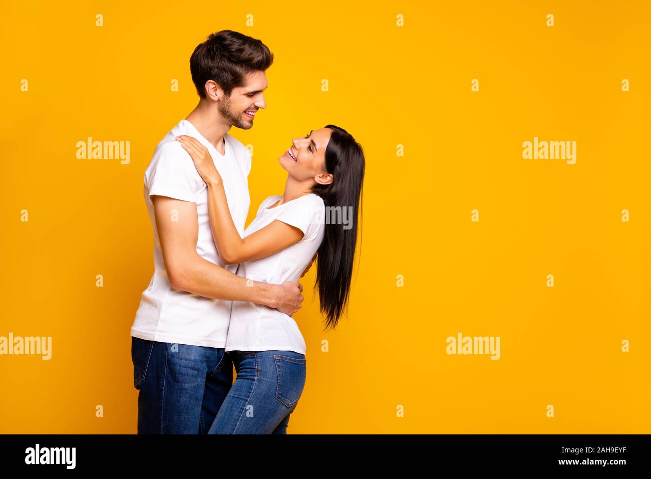 Photo of adorable pair slow dancing at prom night party looking eyes ...