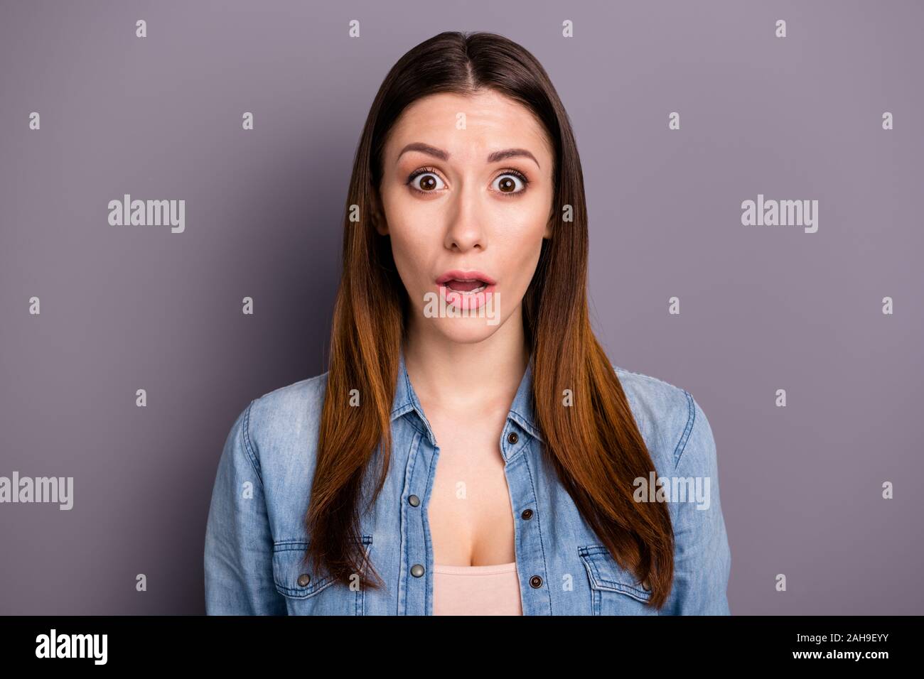 Portrait of astonished lady hear incredible news look wonder scream wow ...