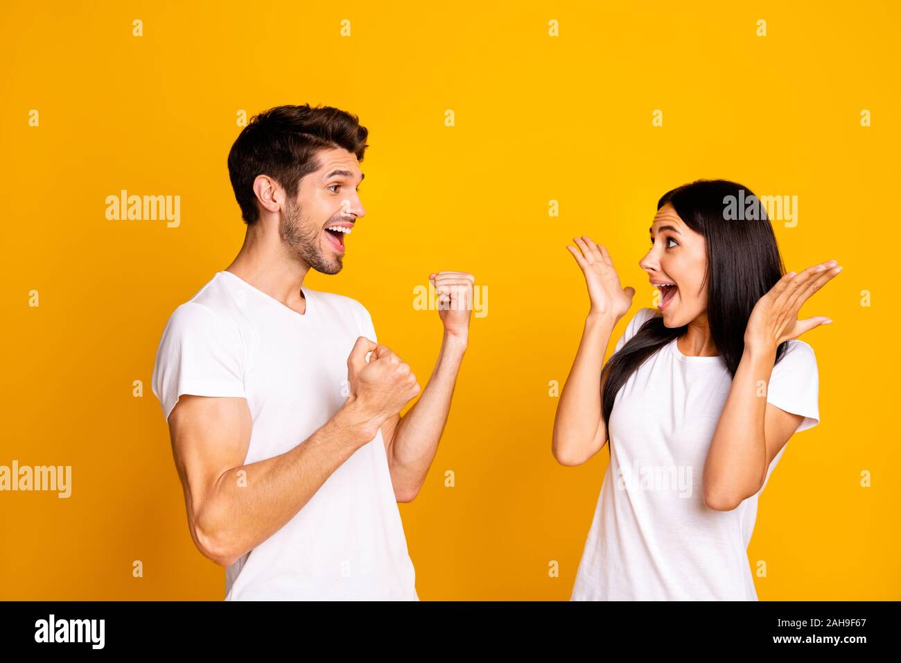 Photo of amazing yelling couple celebrating unbelievable free abroad ...