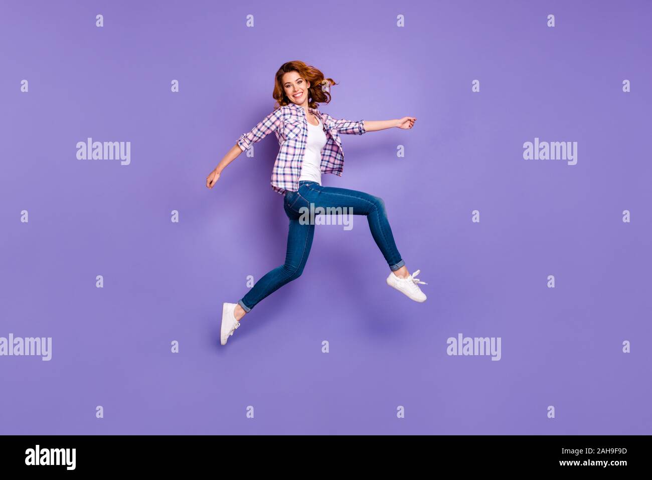 Full length photo of cool foxy, lady jumping high going to shopping ...