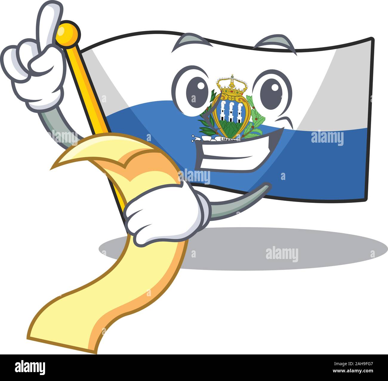 Flag san marino Scroll cartoon character holding menu ready to serve ...