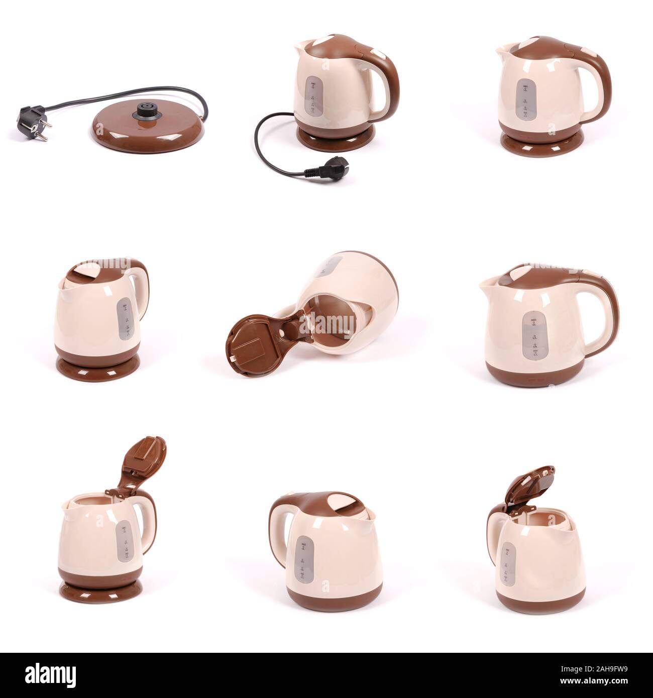Nine electric kettle, isolated on white. Stylish modern beige and brown ...