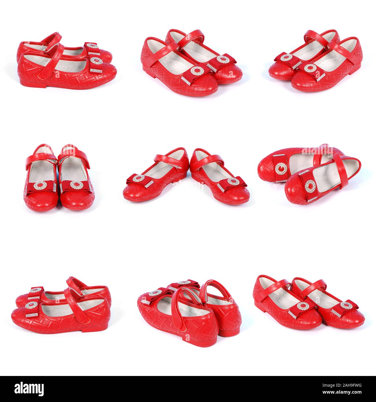 Nine chilren red shoes on white background Stock Photo - Alamy
