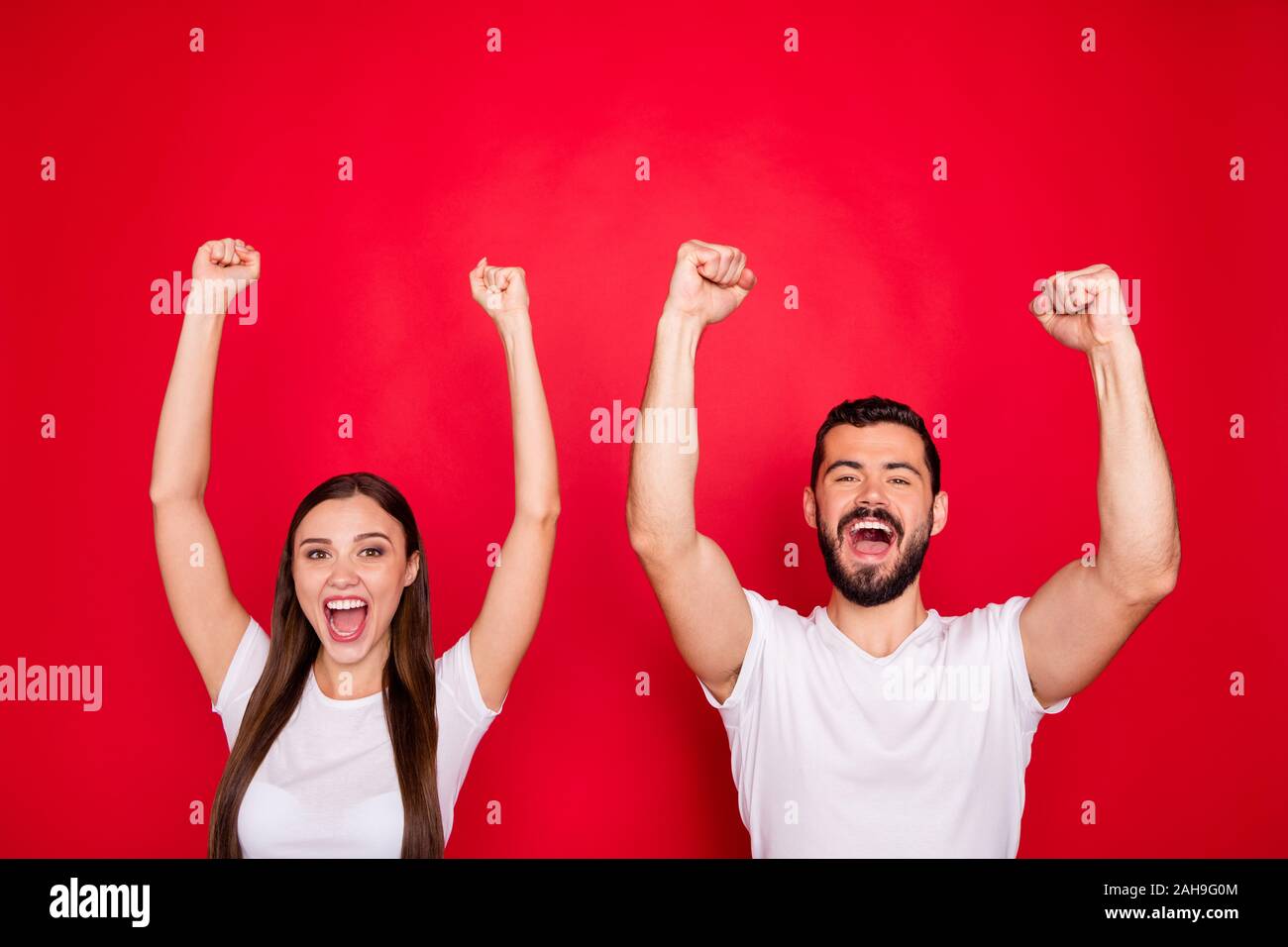 Photo of cheerful excited cute charming pretty couple of two people ...