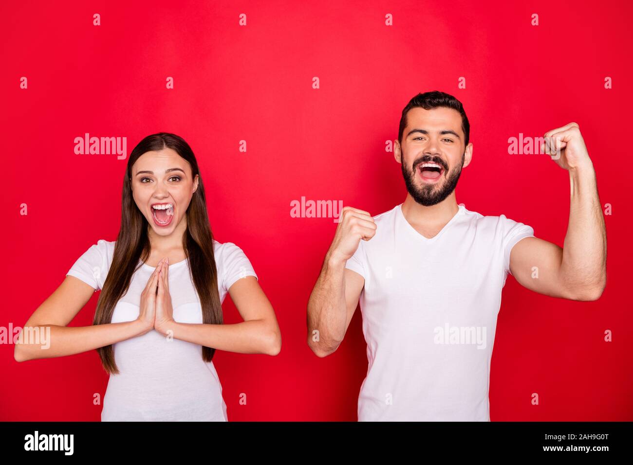 Photo of two stylish trendy rejoicing overjoyed excited people together ...