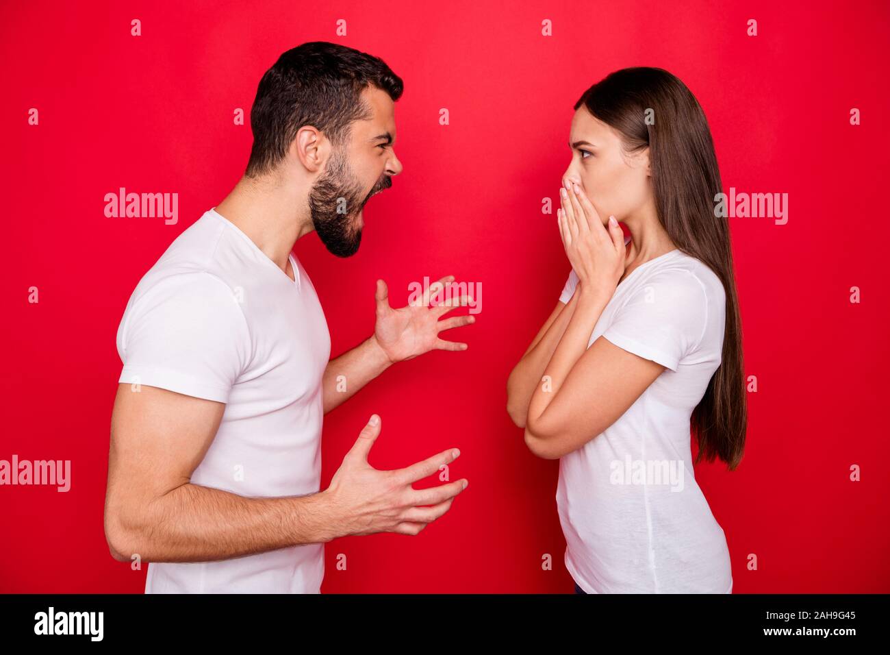 Photo of two arguing stylish trendy people with boyfriend shouting at ...