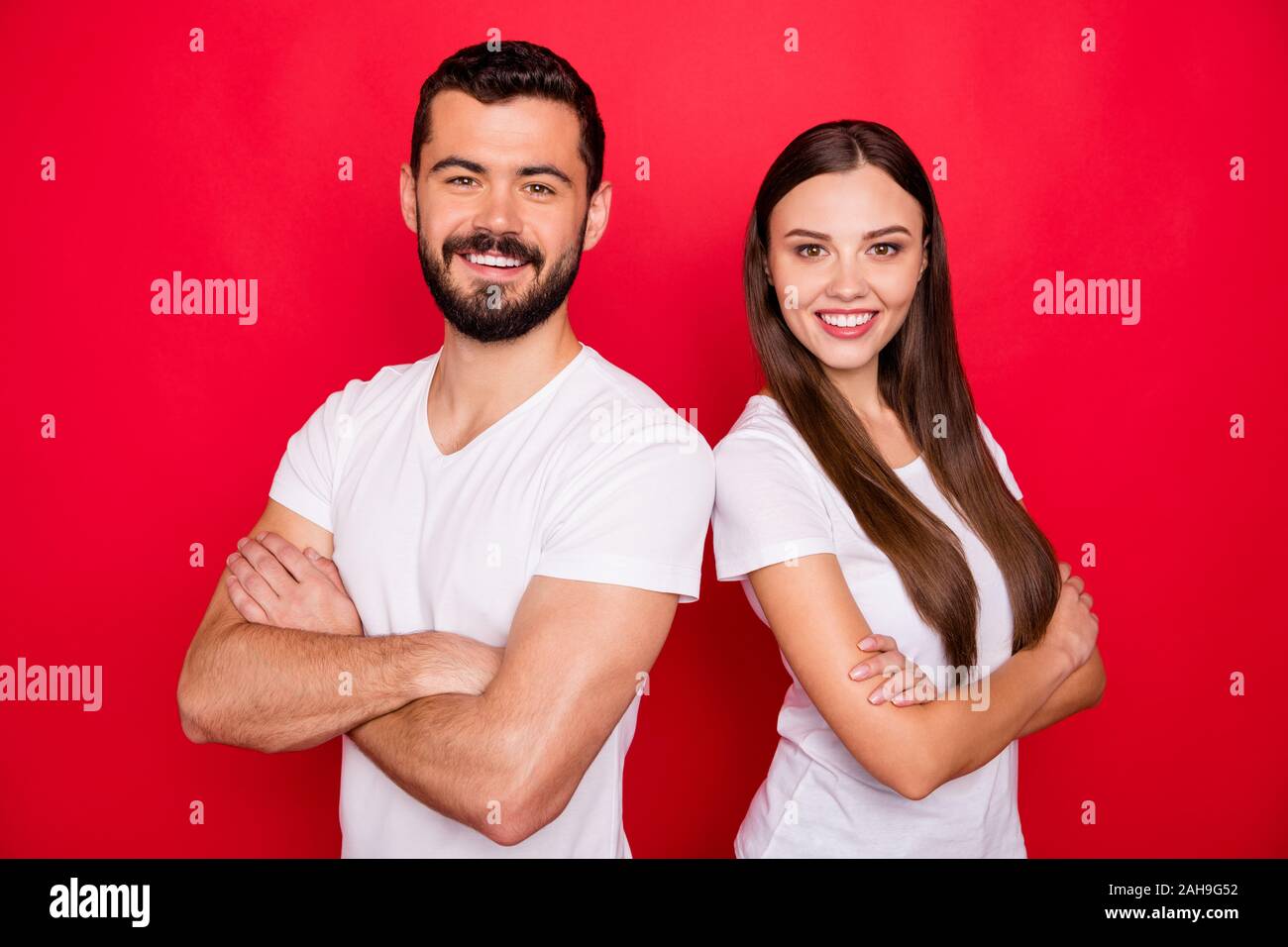 Photo of cute pretty trendy couple of two people standing back to back ...