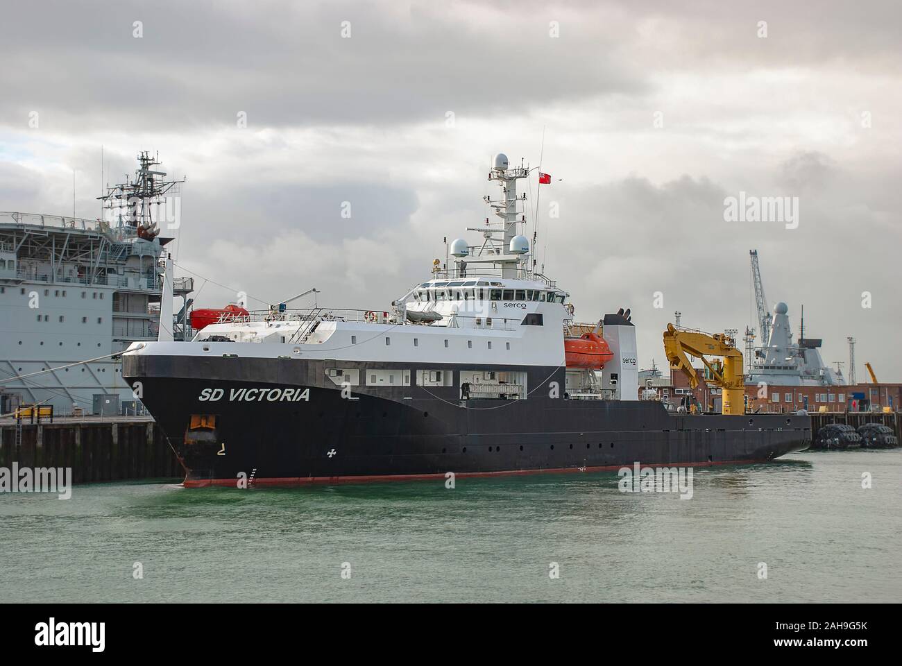The worldwide support ship SD Victoria, docked at Portsmouth, England ...