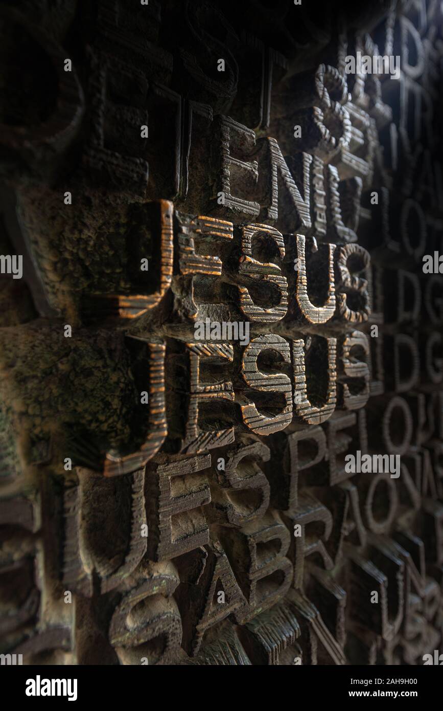 Close-up of a door of the Catholic basilica of the Sagrada Familia with ...