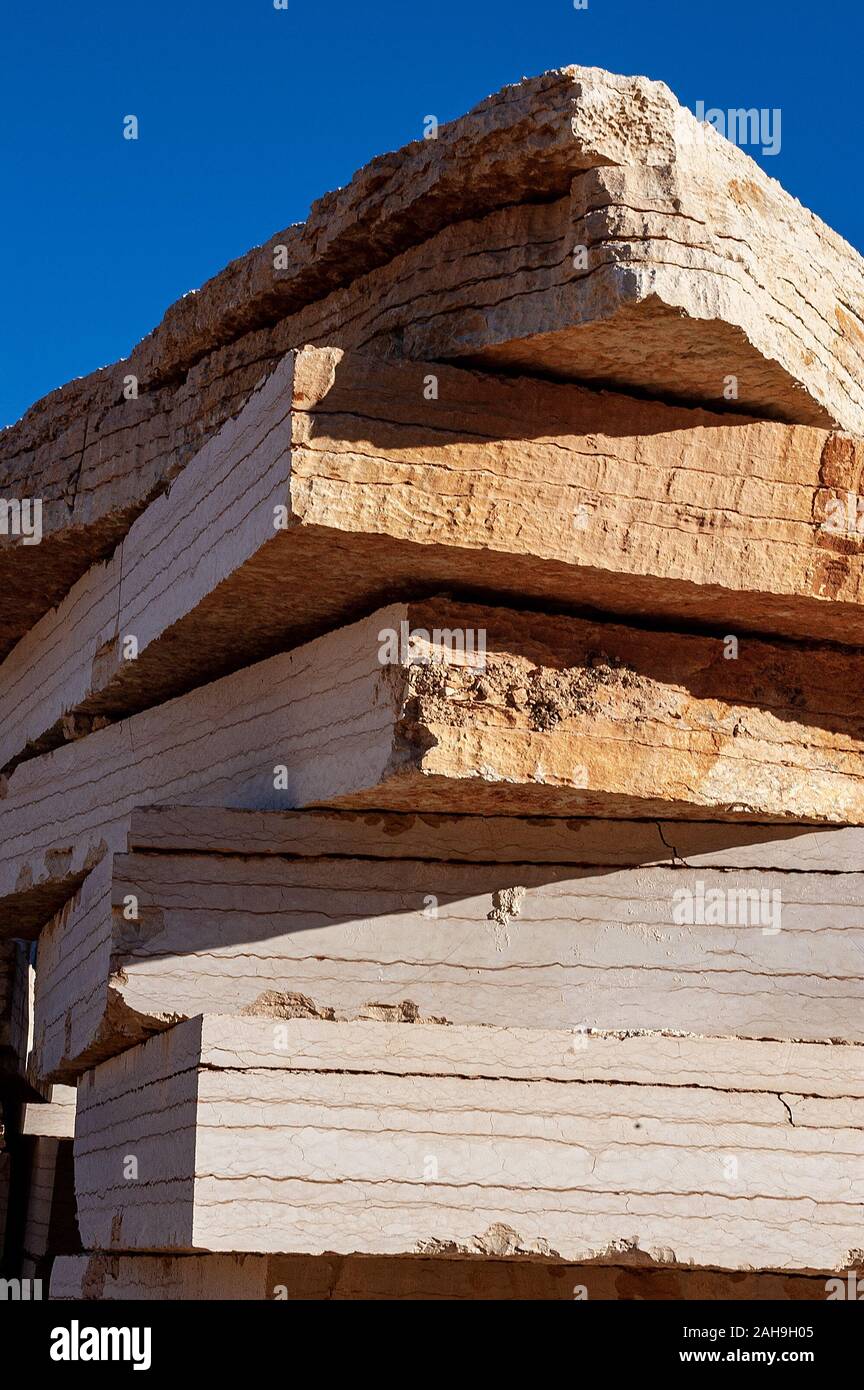 Lessinia stone or Prun stone, layered marly limestone slabs in a quarry ...