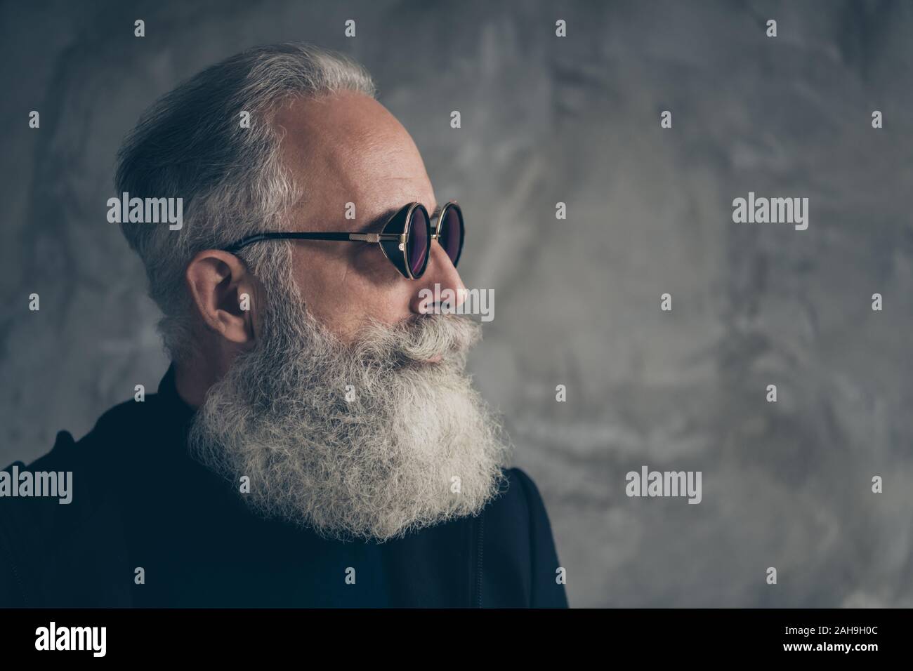 Profile side photo of dreamy harsh masculine man look aside in ...