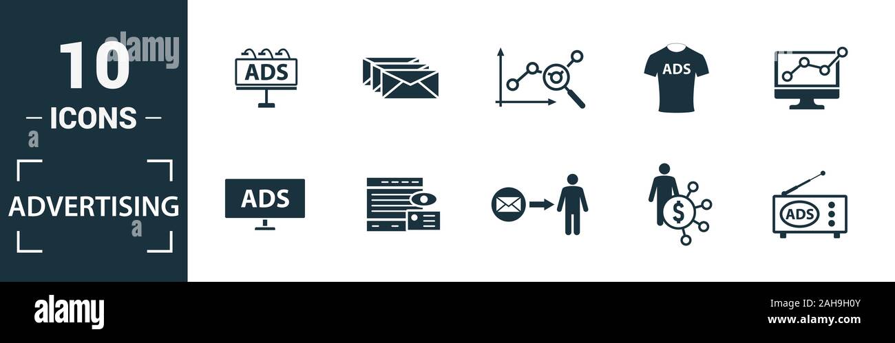 Advertising icon set. Include creative elements focus group, marketing ...