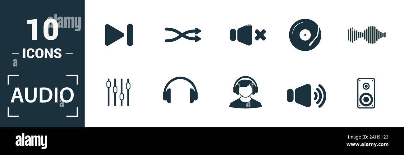 Audio Buttons icon set. Include creative elements play, pause, on off ...