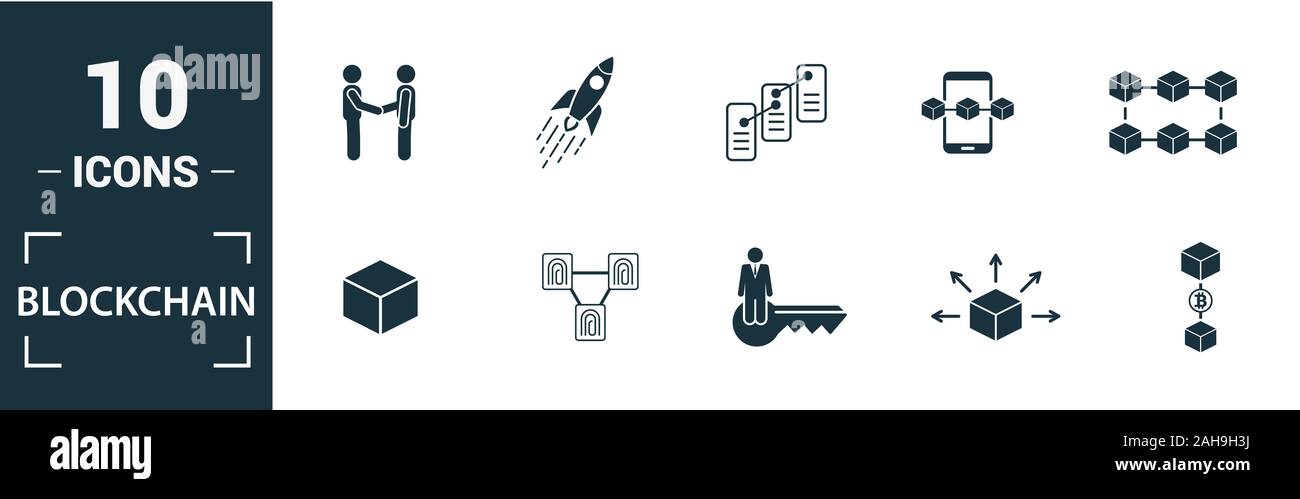 Blockchain icon set. Include creative elements block, distribution ...