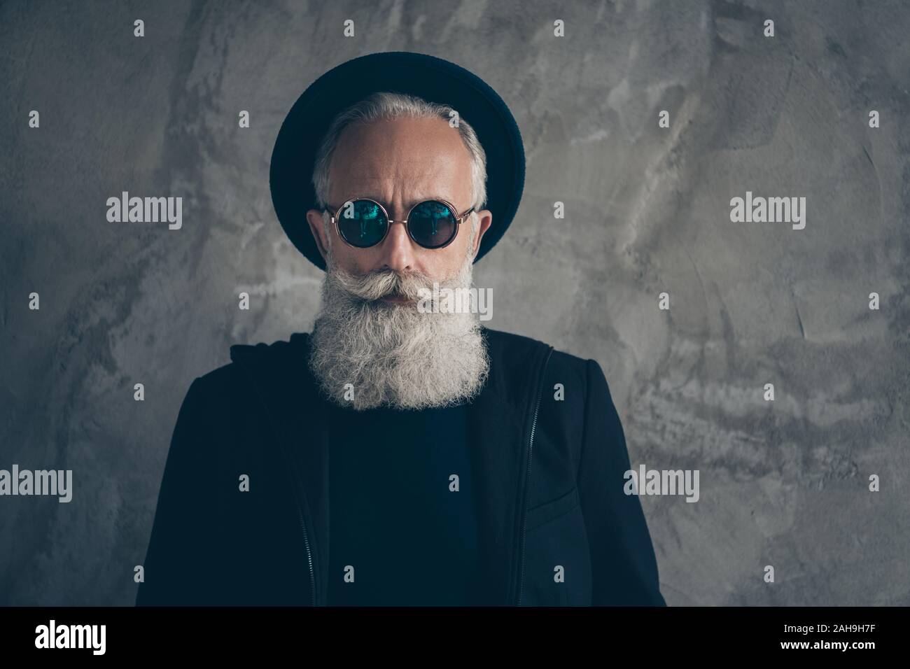 Close up photo of brutal harsh masculine old man stare in specs wearing ...