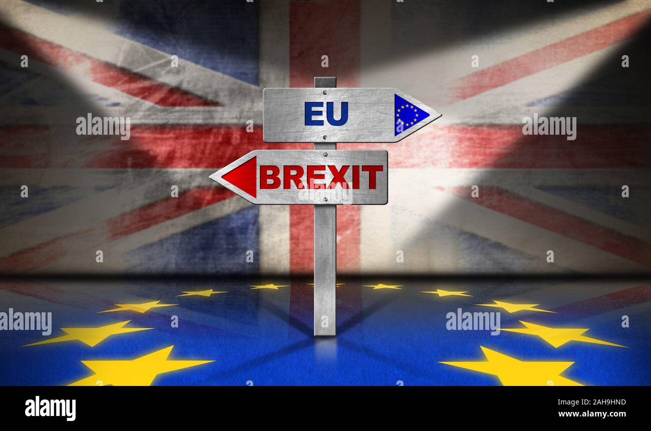 Brexit concept, 3D illustration. Two directional signs and the UK and ...