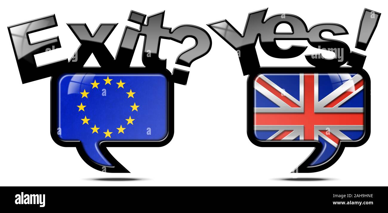 Brexit concept, 3D illustration of two speech bubbles with text Exit ...