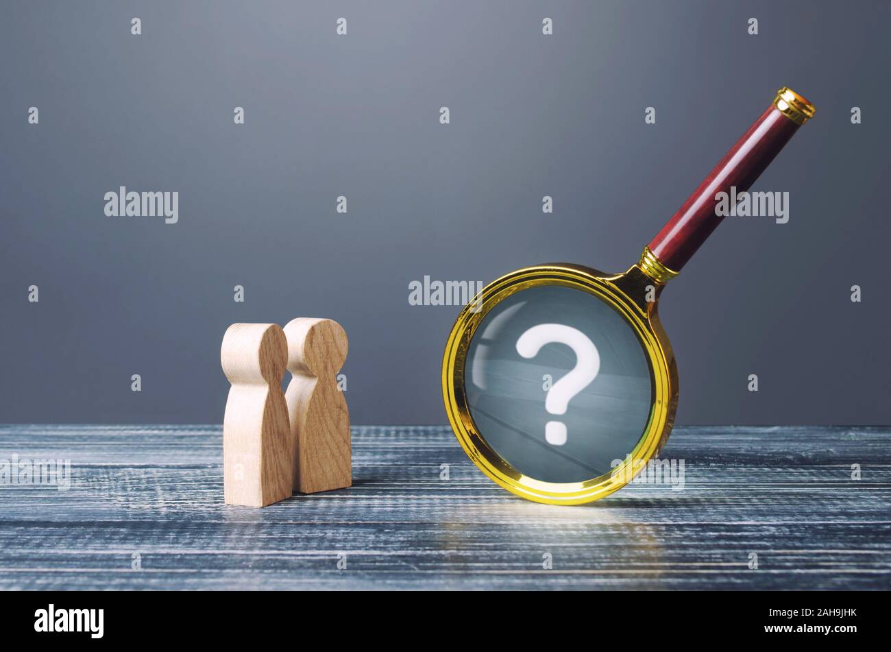 People look at magnifying glass with question mark. Search, analysis ...