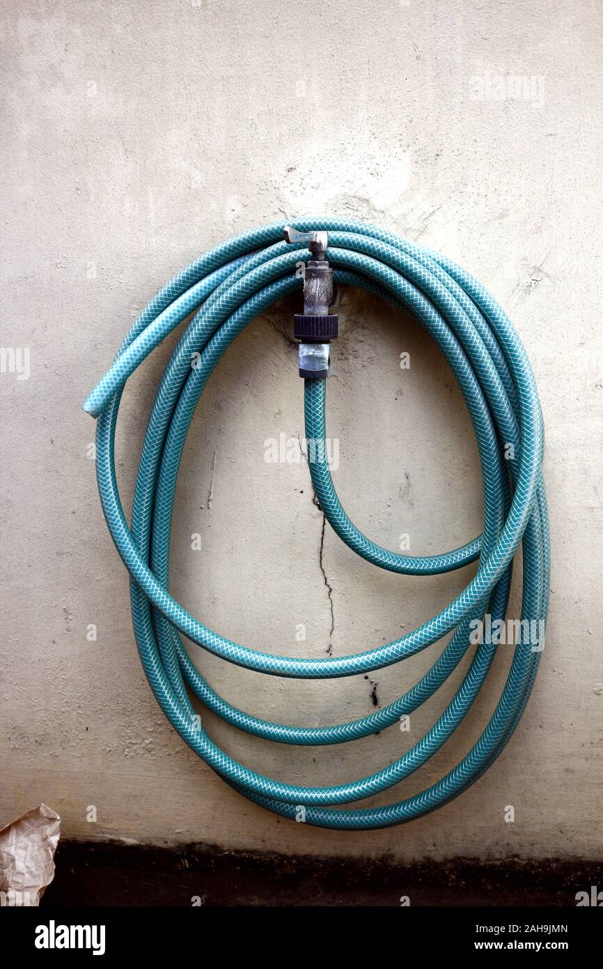 Photo of a coiled green garden rubber hose attached to a faucet Stock ...