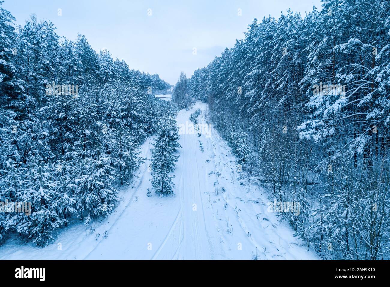 View from above of snowy country road. Nature winter background. Snowy ...